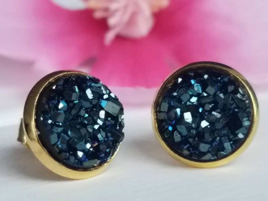 Navy Blue Druzy Studs, Blue and Gold Druzy Studs, Small Blue Druzy ...