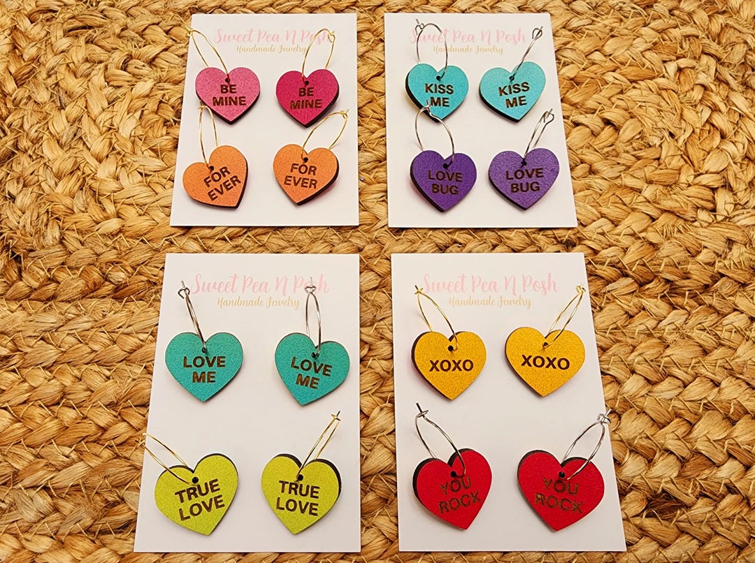 Engraved Conversation Heart Hoop Dangle Earrings, Brass Hoops 20mm, Fun ...