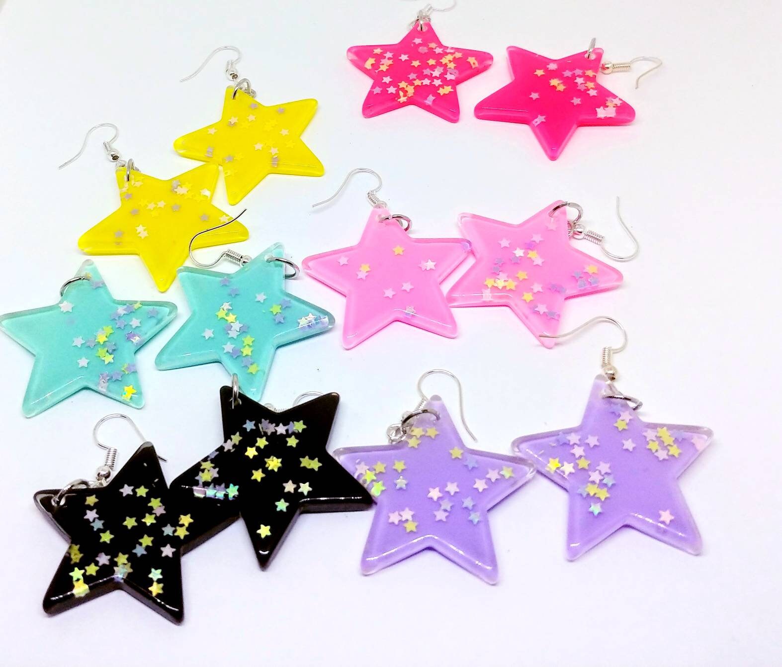 Pastel Glitter Star Dangle Earrings Light Pink Dark Pink Black | Etsy