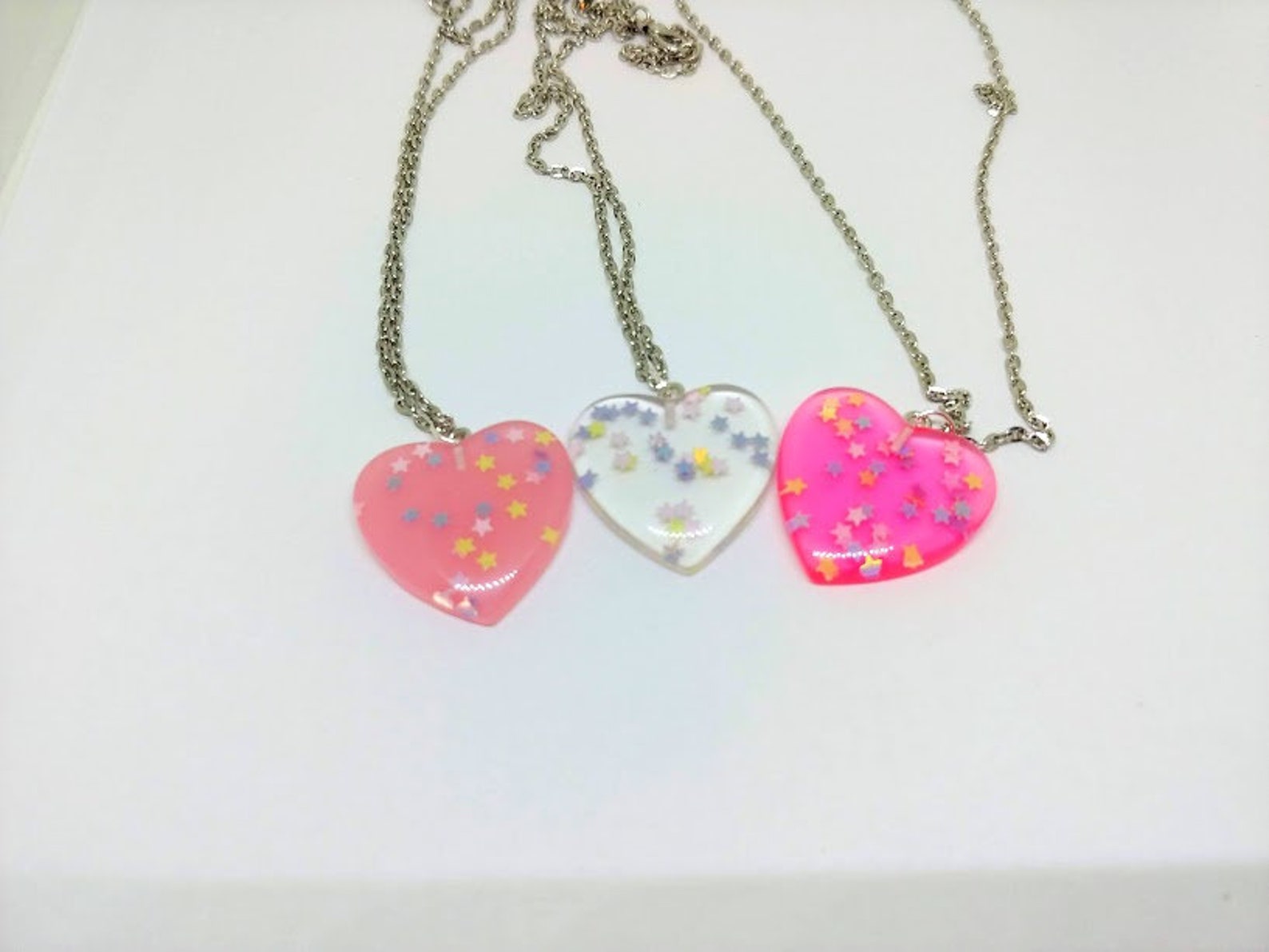 Heart Necklace Clear Resin Heart With Star Sprinkles You Pick - Etsy