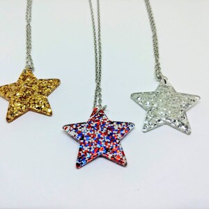 Clear Colorful Glitter Star Necklace Your Choice of Gold Silver or Red ...