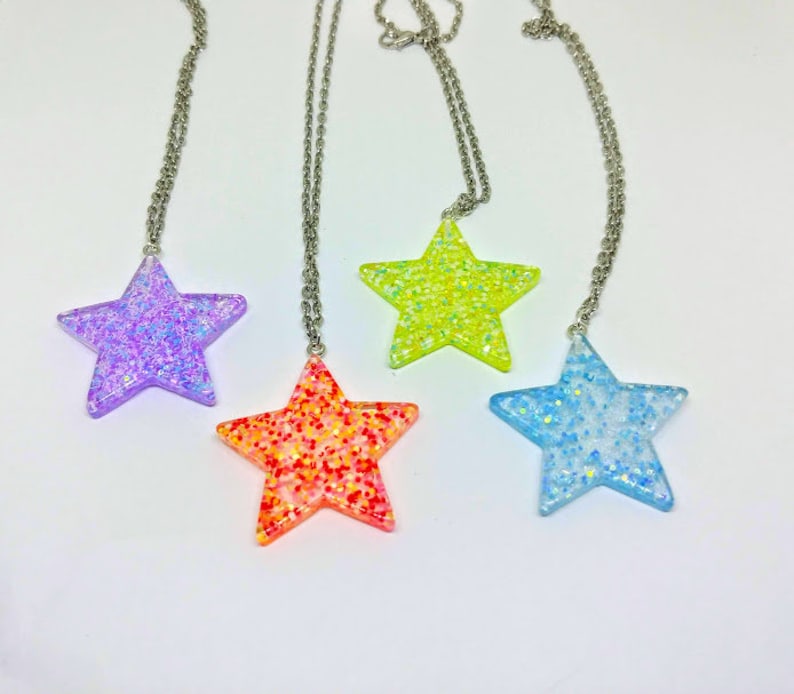 Clear Colorful Glitter Star Necklace Your Choice of Blue Purple Yellow ...