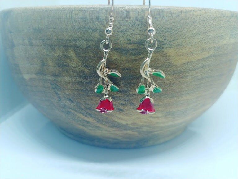 Gold Tone and Enamel Rose Dangle Earrings Your Choice of Red | Etsy