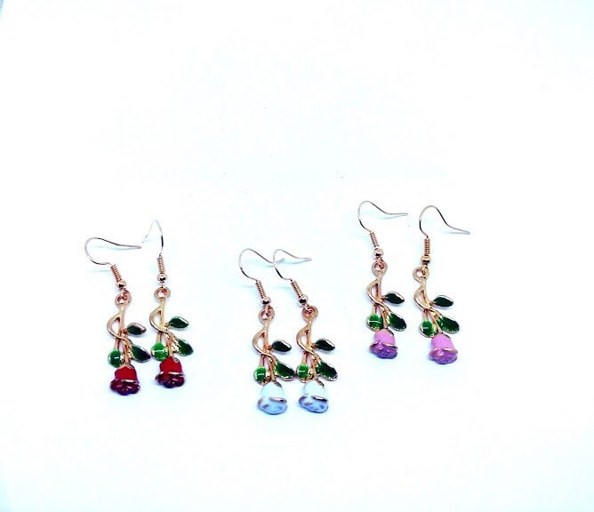 Gold Tone and Enamel Rose Dangle Earrings Your Choice of Red | Etsy