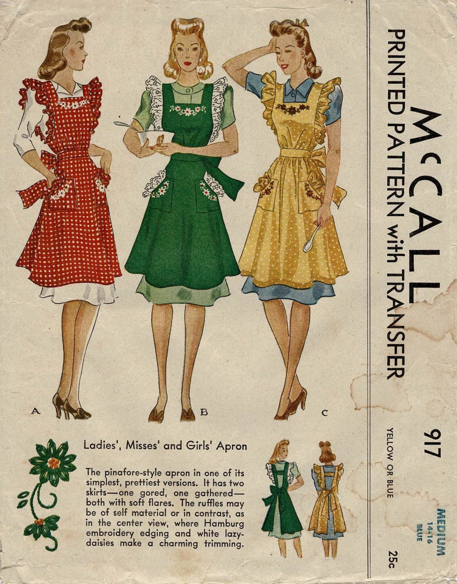 EMBROIDERED Pinafore Bib APRON Ladies Misses Girls Mccall 917 Vtg 1941 ...