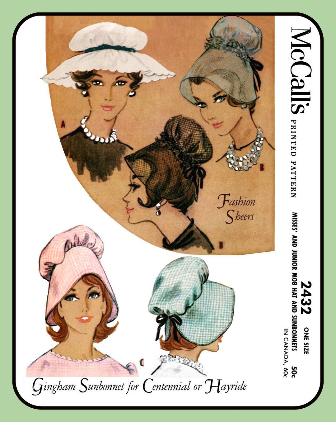 Centennial SUNBONNET Pattern MOB Hat One Size Mccall's 2432 Vtg 1960 - Etsy