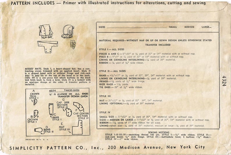 Ladies Hat Pattern 4924 Helmet, Heart Shaped Pill Box, Earmuff Vtg 1944 ...