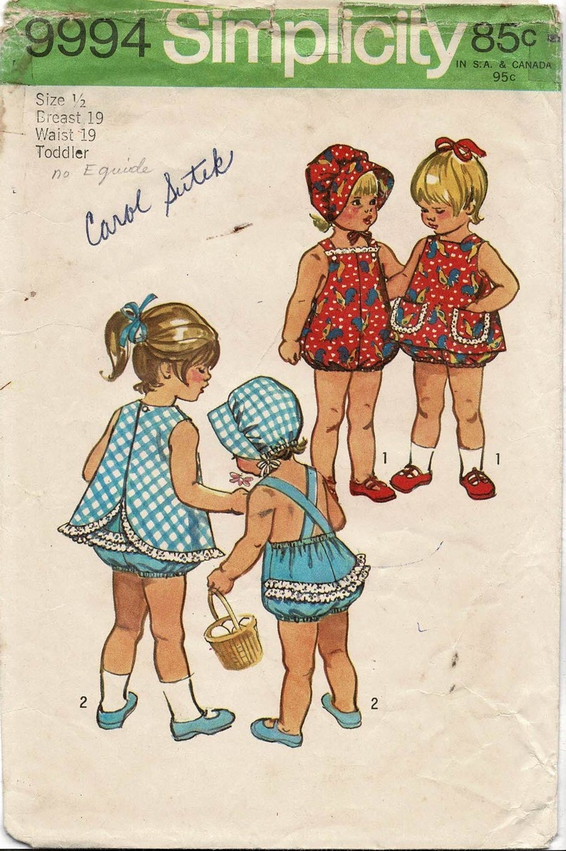Girls PINAFORE Bonnet PLAYSUIT Toddler Child Simplicity 9994 Vintage ...