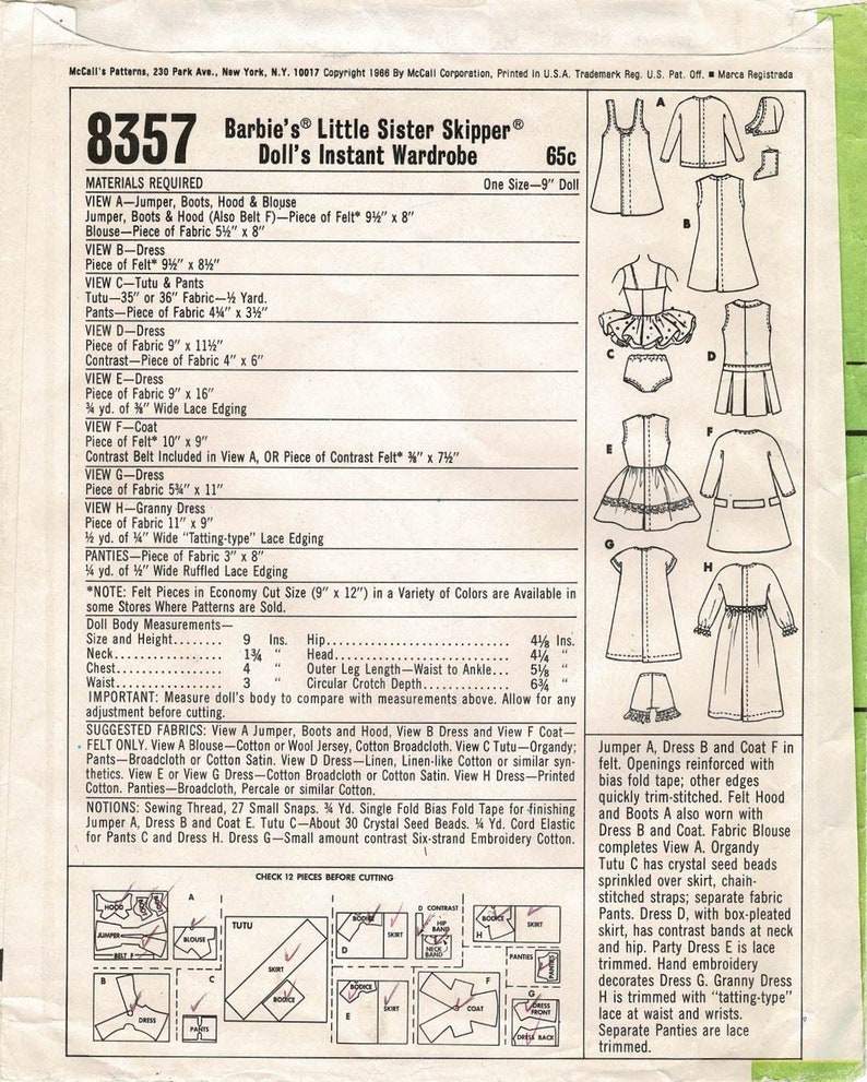 Doll Clothes for 9" Little Sister Dolls Mccall's 8357 Vintage 1966 ...