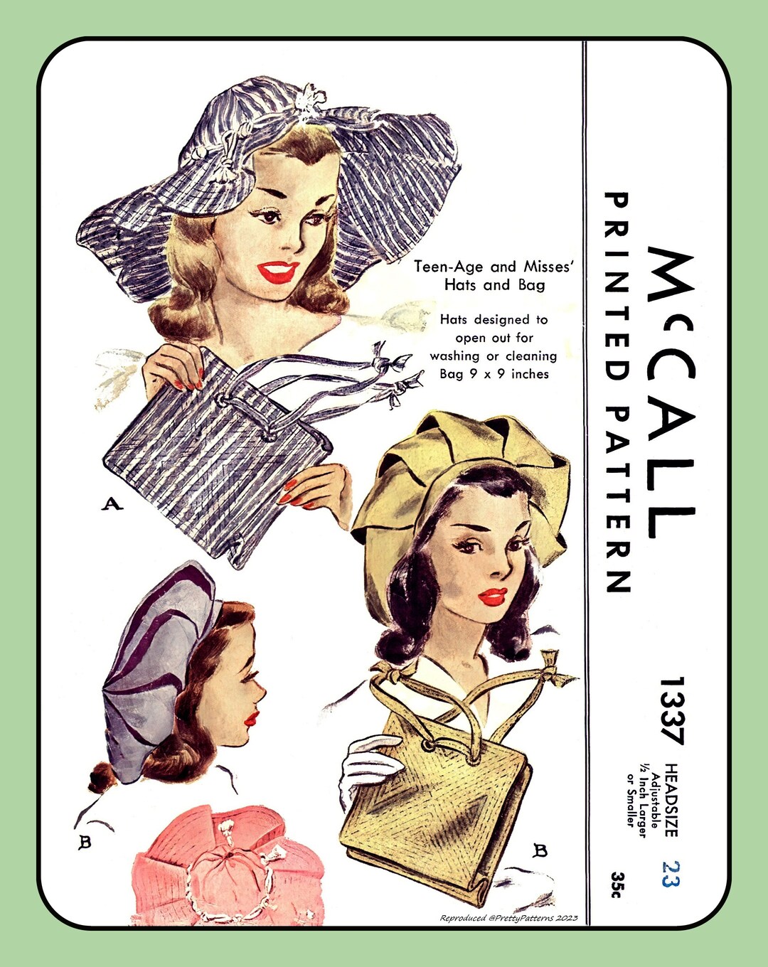 Floppy DERBY Hat Adjustable 2 Styles BAG Mccall 1337 VTG 1940's Sewing ...