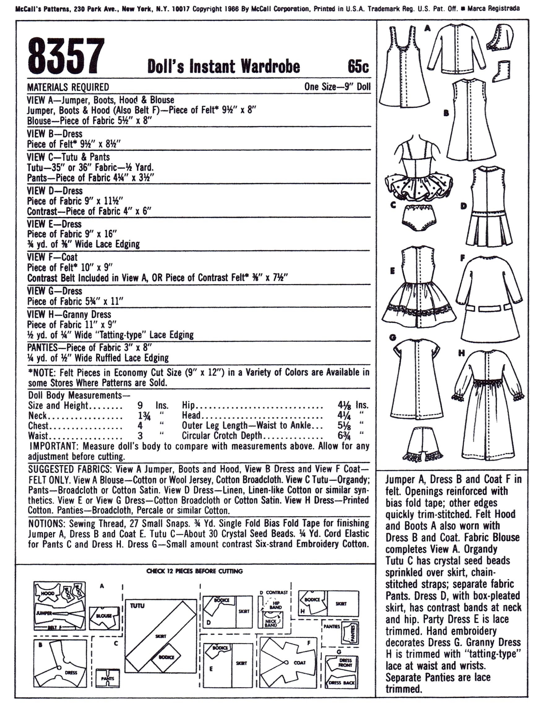 Doll Clothes for 9" Little Sister Dolls Mccall's 8357 Vintage 1966 ...