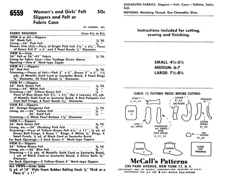 Embellished Felt SLIPPERS and Case Womens Girls Mccall's 6559 VTG 60's ...