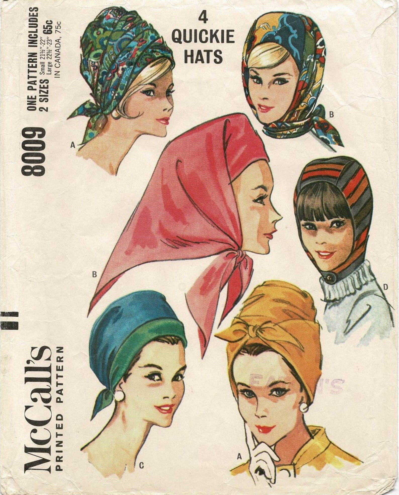 HOOD Kerchief SCARF Hat TURBAN Sizes 21-1/2 23 Mccall's 8009 Vintage ...