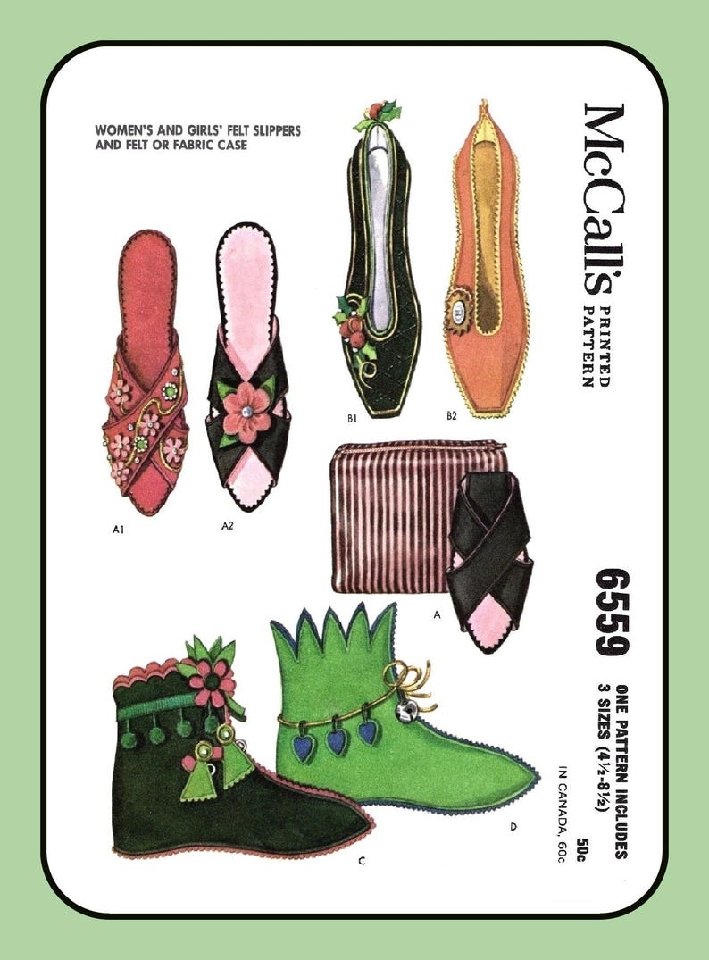 Embellished Felt SLIPPERS and Case Womens Girls Mccall's 6559 VTG 60's ...