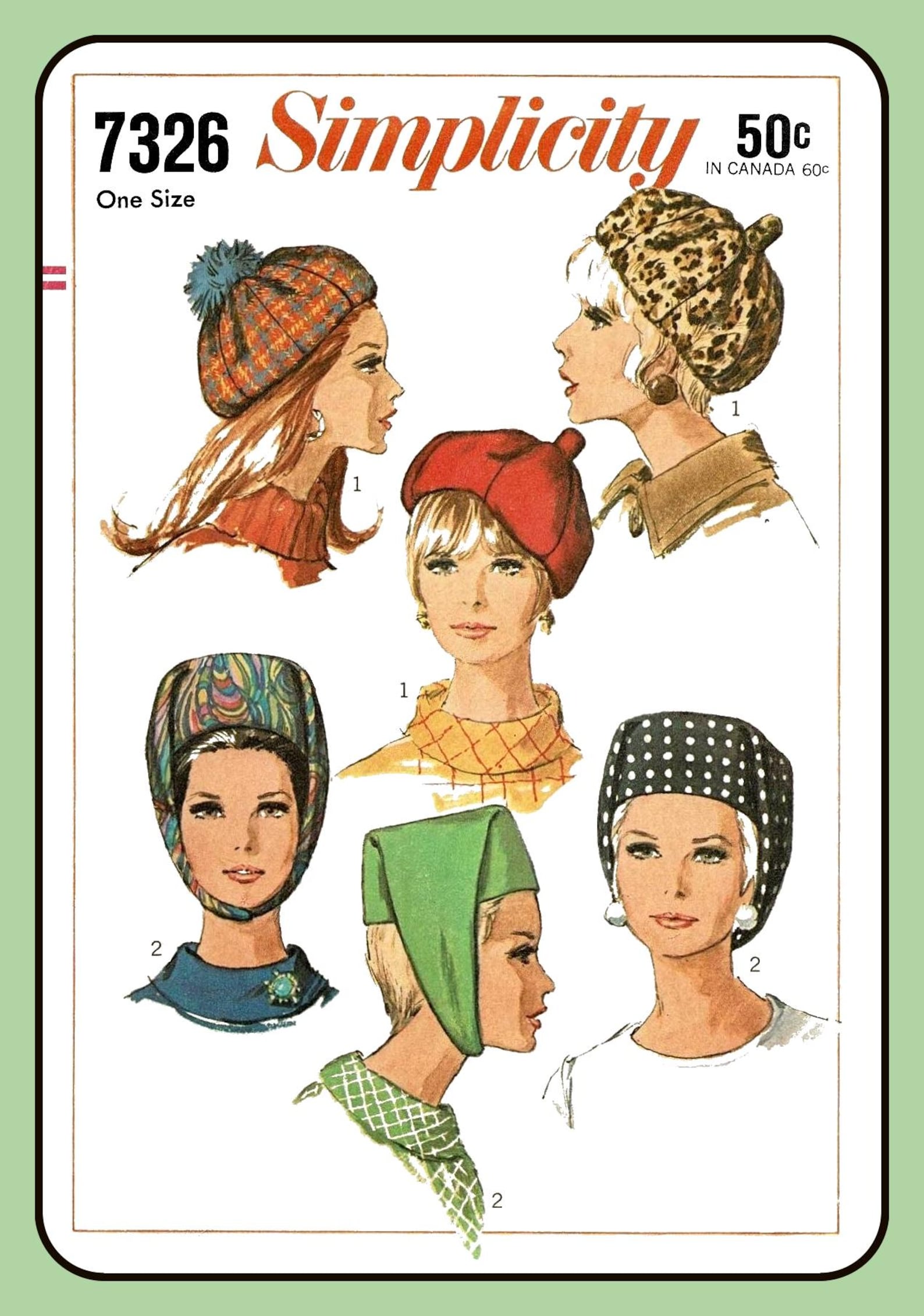 Ladies BERET Unique Toque Hat W CHINSTRAP Simplicity 7326 Vtg 1967 ...