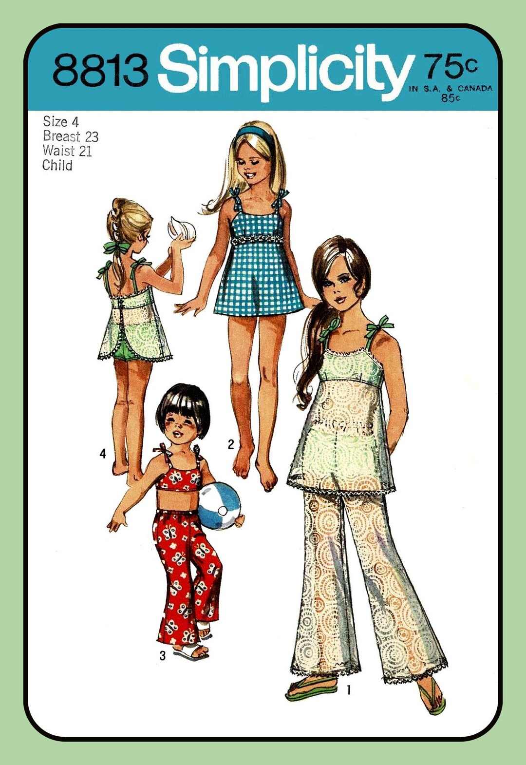 Girls BATHING SUIT Bell Bottom PANTS Cover-up Beachwear Simplicity 8813 ...
