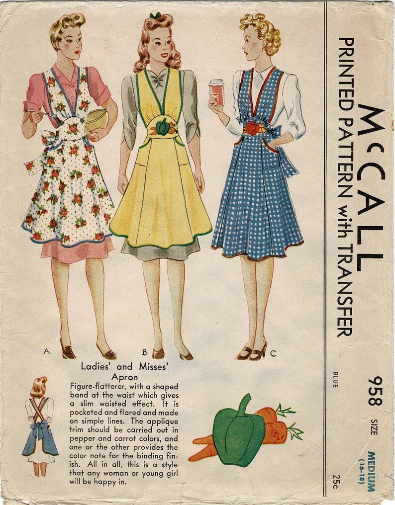 Fitted Bib APRON W Appliques of Pepper Carrots Mccall 958 VTG 1942 ...