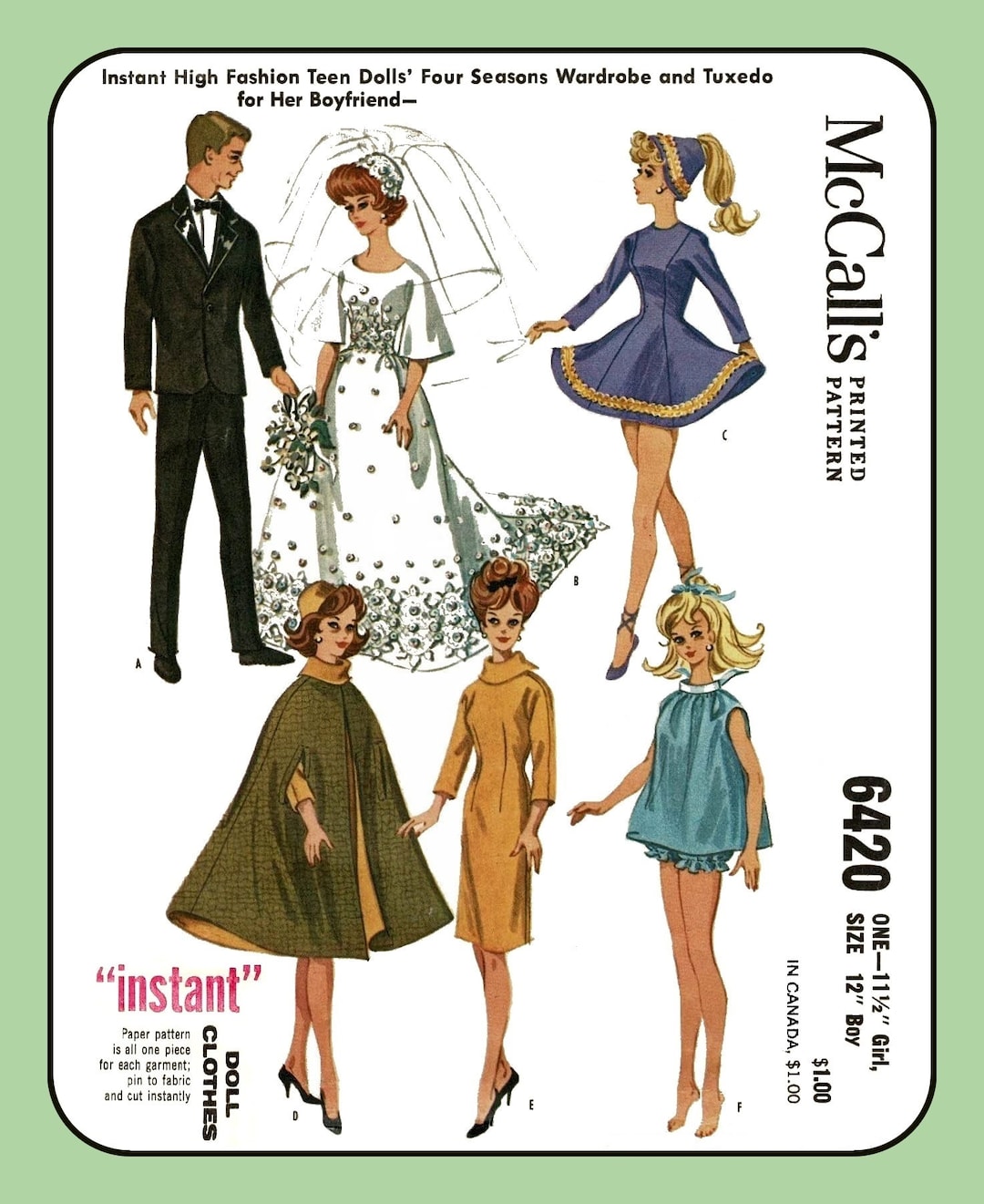 11-1/2" Doll Clothes Barbie® BRIDAL Gown Pattern 12" Boy Ken TUX Mccall ...