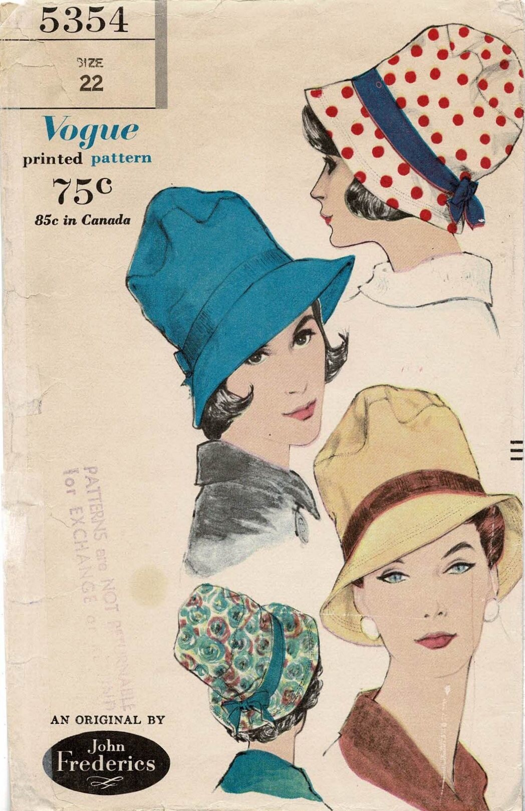 HAT Deep Draped Crown Bucket Size 22" RARE John Frederics Vogue 5354 ...