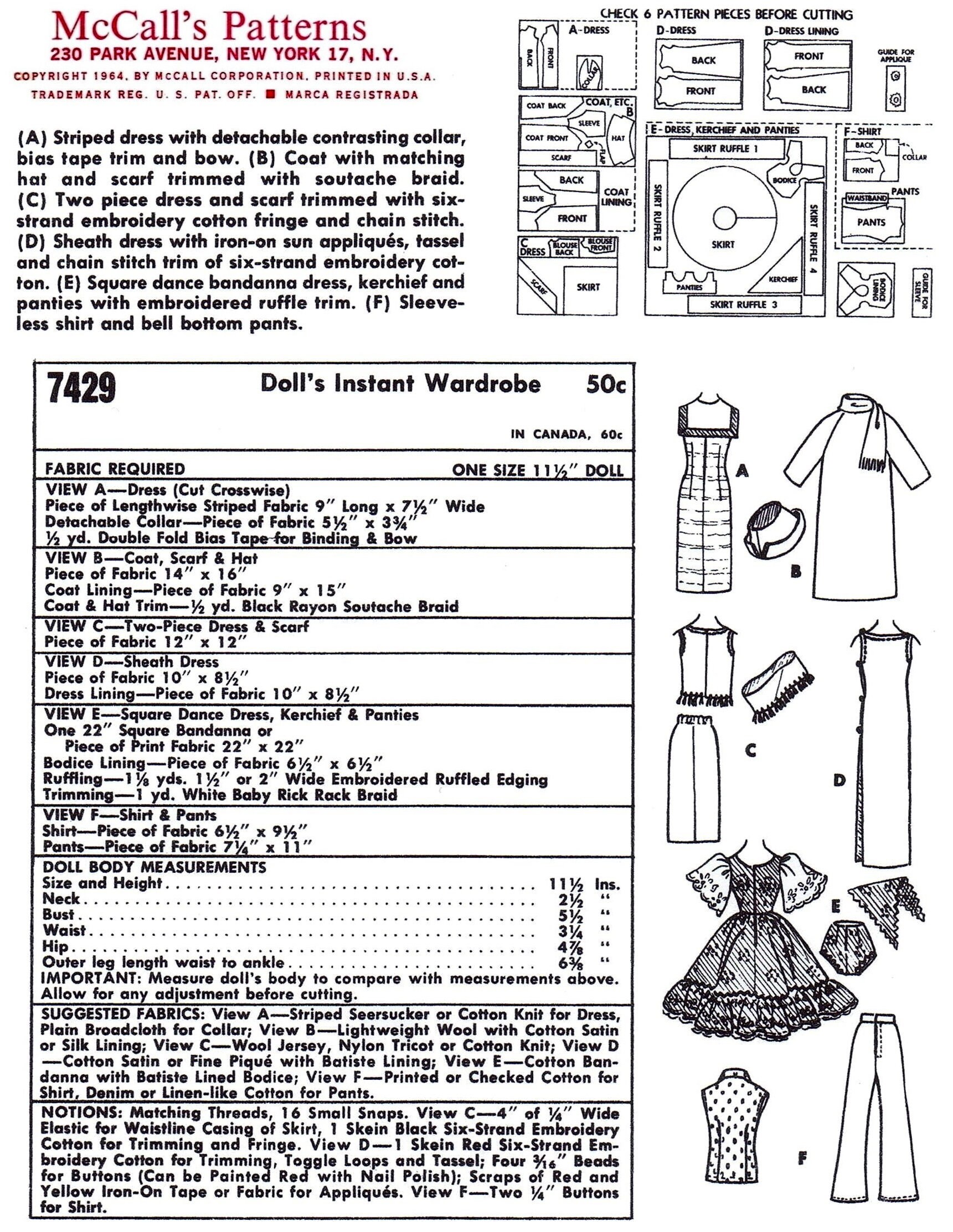 Clothes Pattern for 11-1/2 Teen Doll Instant Wardrobe Mccall's 7429 Vtg ...