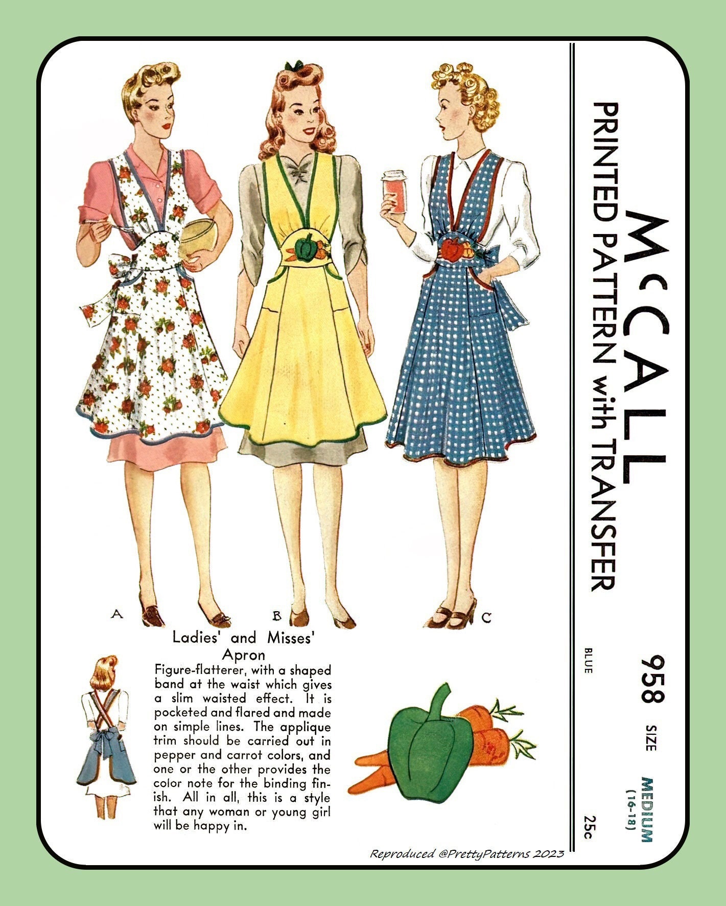 Fitted Bib APRON W Appliques of Pepper Carrots Mccall 958 VTG 1942 ...
