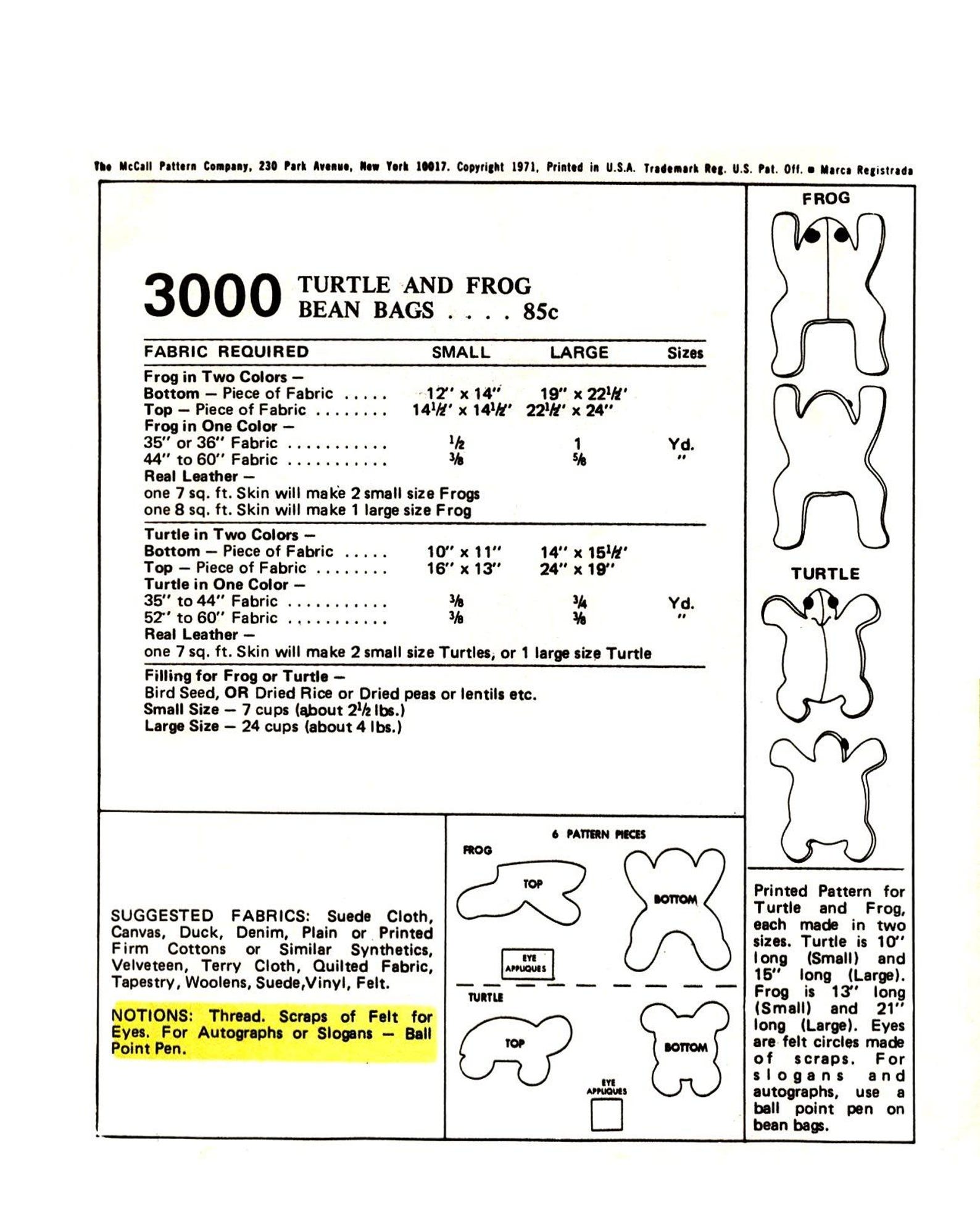 Animal BEAN Bag Pattern FROG TURTLE Mccall's 3000 Vtg 1971 10 X 15 and ...