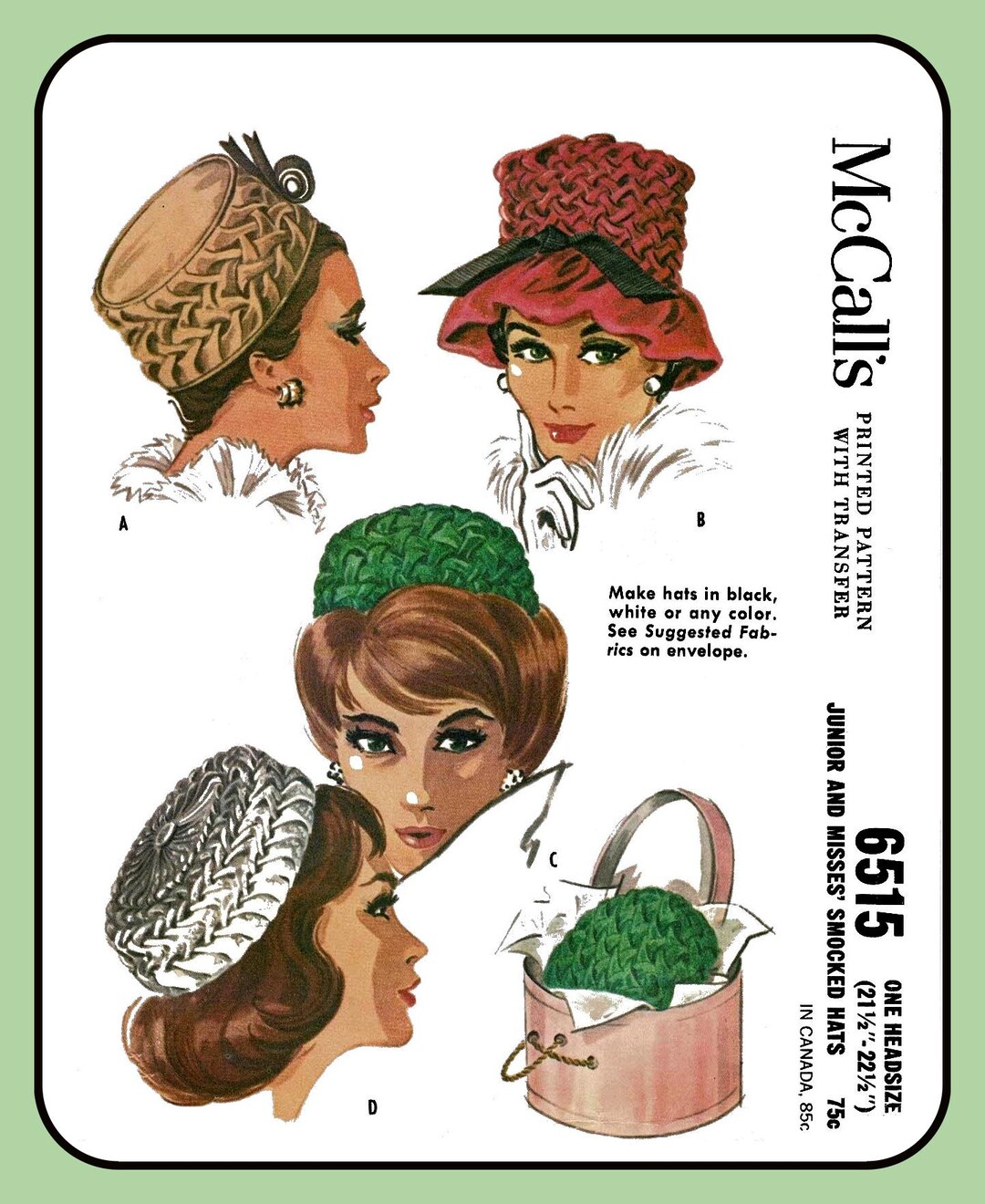 Smocked HATS Pattern Pillbox Bucket 21-1/2"-22-1/2" Mccall's 6515 Vtg ...