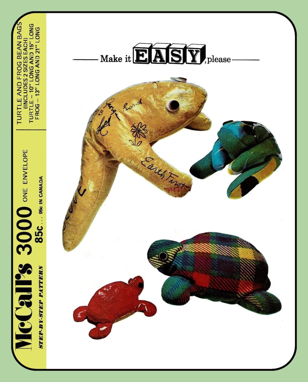 Animal BEAN Bag Pattern FROG TURTLE Mccall's 3000 Vtg 1971 10 X 15 and ...
