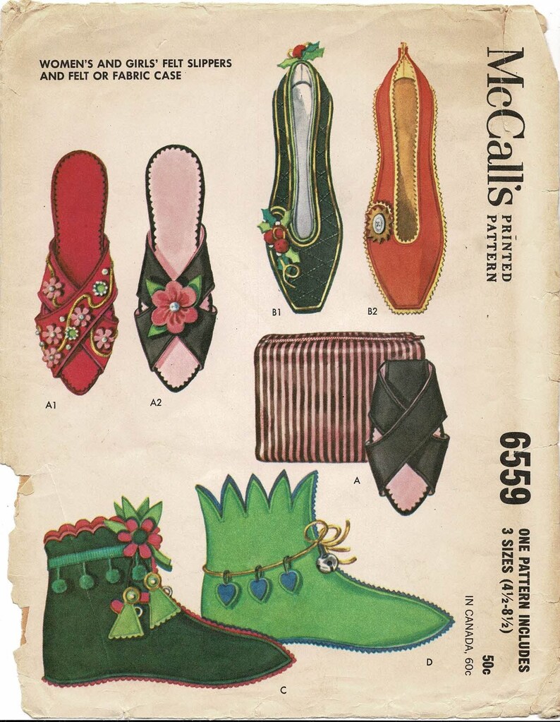 Embellished Felt SLIPPERS and Case Womens Girls Mccall's 6559 VTG 60's ...