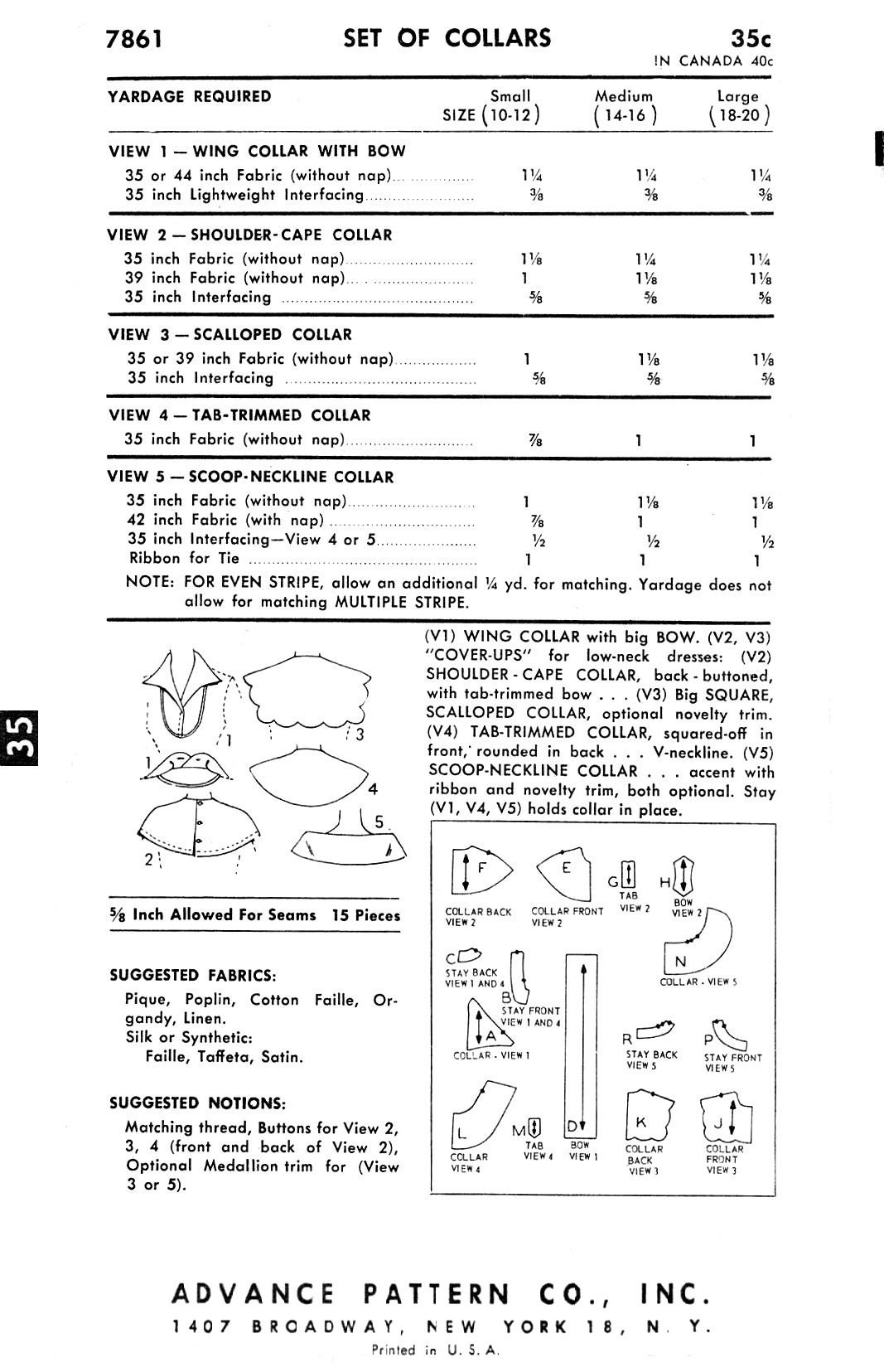 COLLARS Sewing Pattern Scallop Wing Shoulder Scoop Tab S-M-L Advance ...