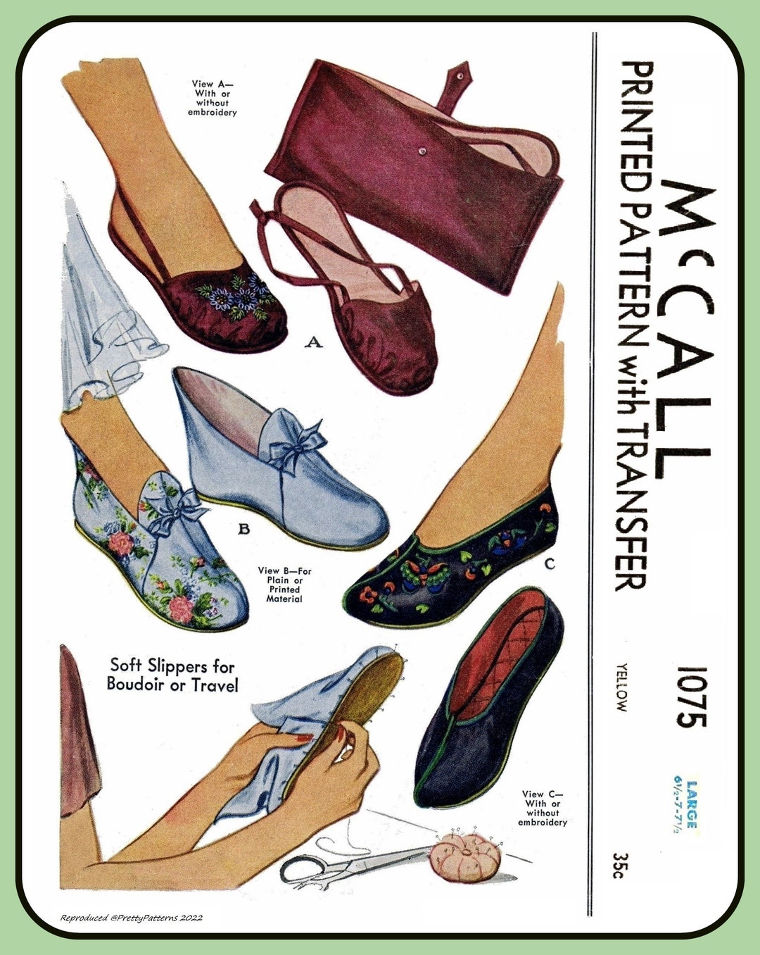 SLIPPERS With Travel BAG M or L Mccall 1075 Vintage 1943 Craft Sewing ...