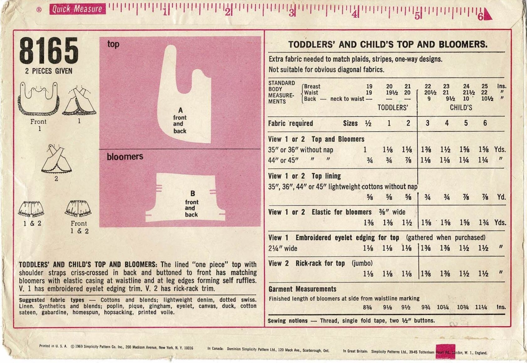 Girls Sleeveless TOP and BLOOMERS Toddler Child Simplicity 8165 Vintage ...
