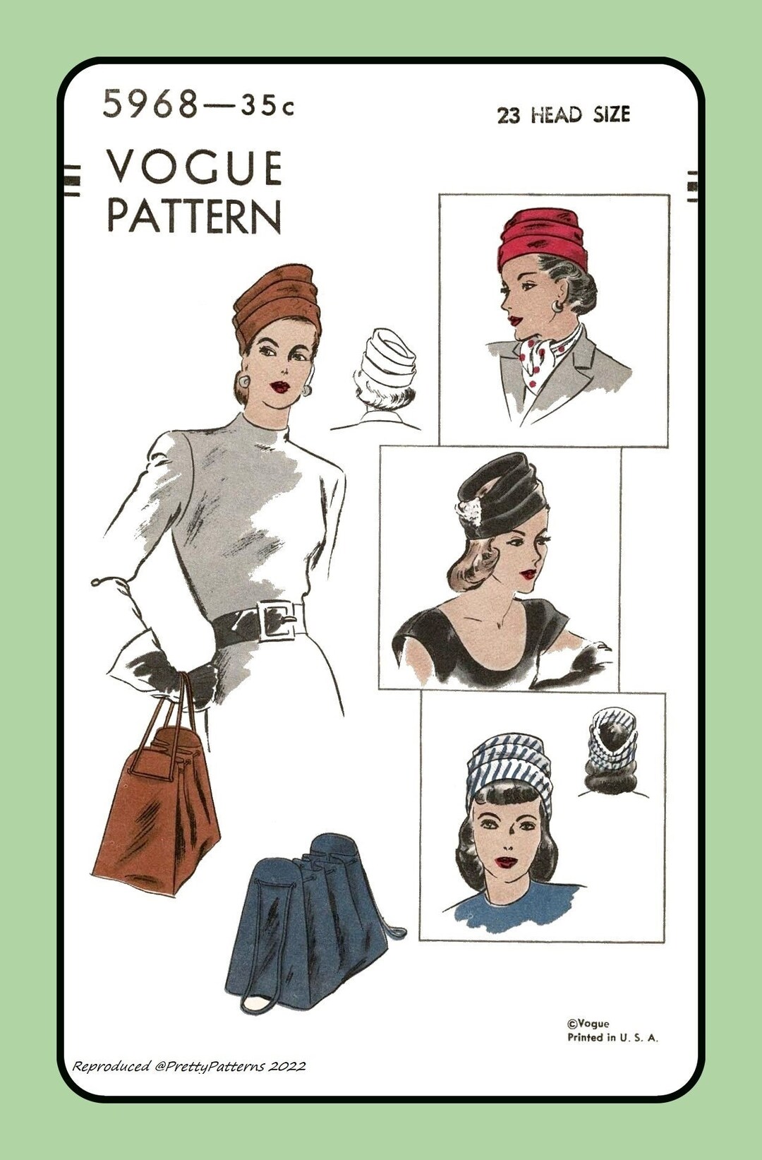 Draped Bias HAT Pattern TURBAN and Sectioned BAG Tote Vogue 5968 Vtg ...