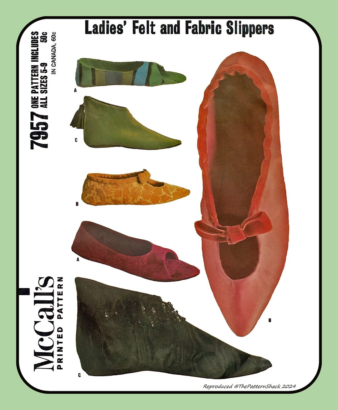 SLIPPERS Felt or Fabric BOOTIES Soft Shoe Sizes 5-9 Mccall's 7957 Vtg ...