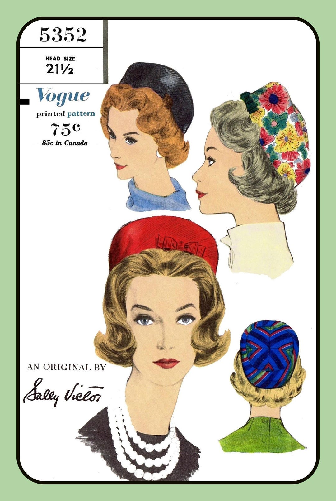 Pillbox HAT Pattern 21-1/2" by Sally Victory Vogue 5352 VTG 1961 Sewing ...