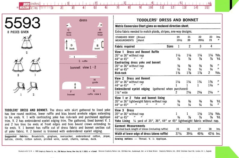 Toddlers DRESS With BONNET Child Summer Sizes 2 or 3 Simplicity 5593 ...
