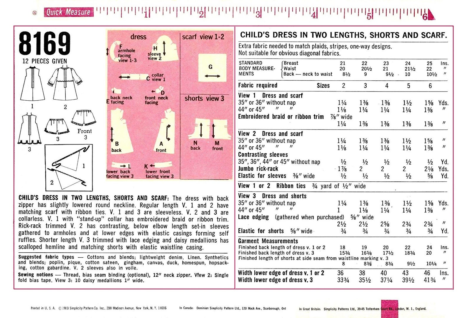 Girls DRESS Shorts SCARF Kerchief Child RARE Simplicity 8169 Vtg 1969 ...