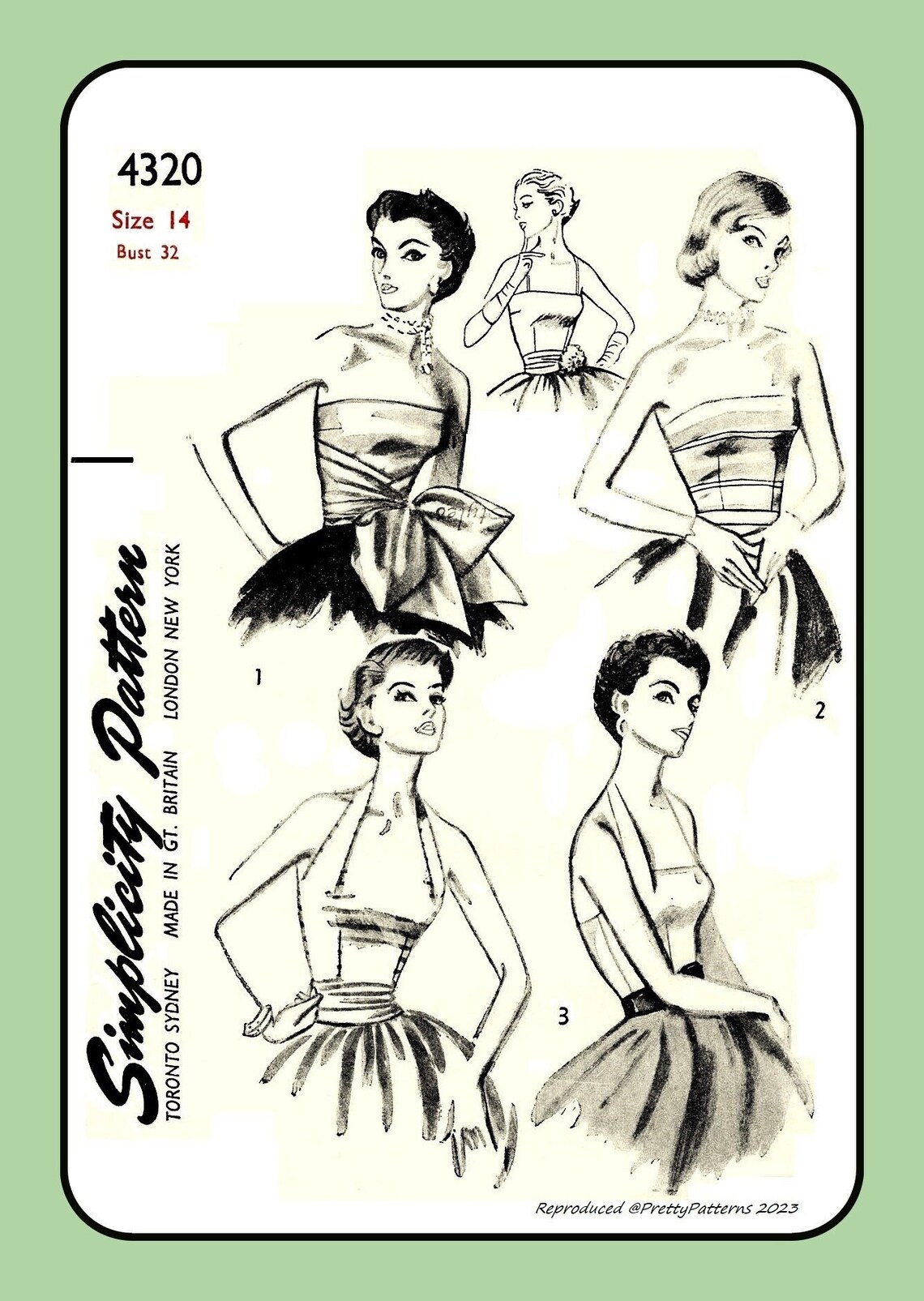 STRAPLESS Bodice Midriff TOP or HALTER Simplicity 4320 Vintage 1953 ...