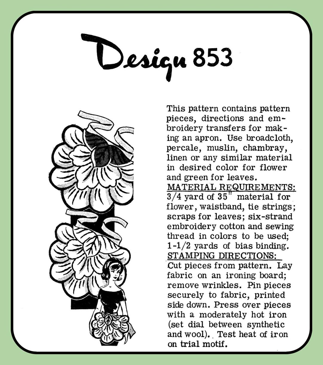Flower Petal APRON Pattern W Transfer Mail Order DESIGN 853 Vtg 1964 ...