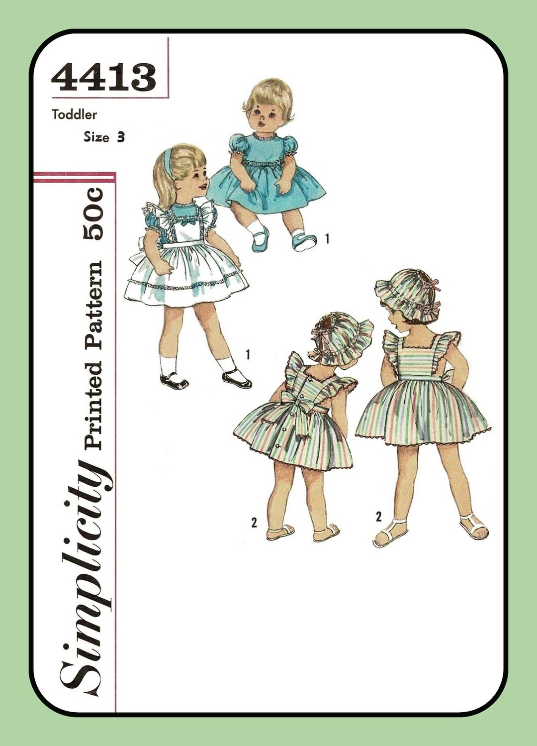 Girls SUNDRESS Pinafore DRESS Hat Toddler Simplicity 4413 Vtg 1953 ...