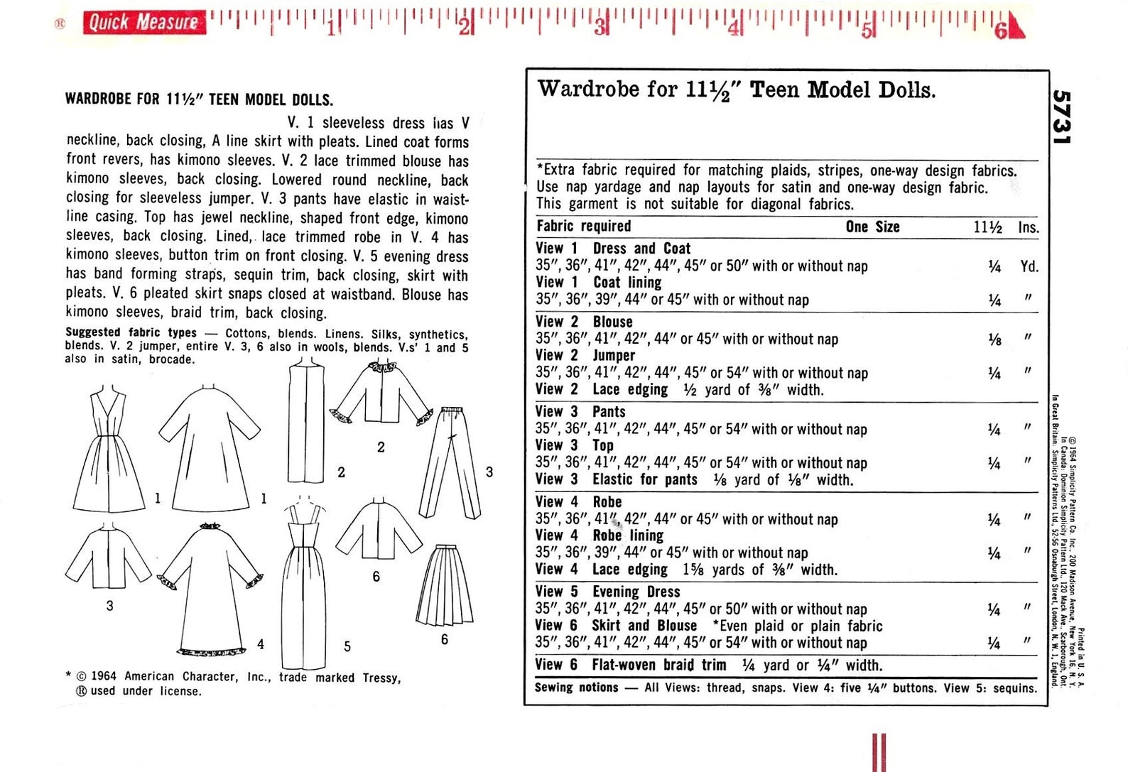 11-1/2 DOLL Clothing Fashion Simplicity 5731 Vintage 1964 Craft Sewing ...