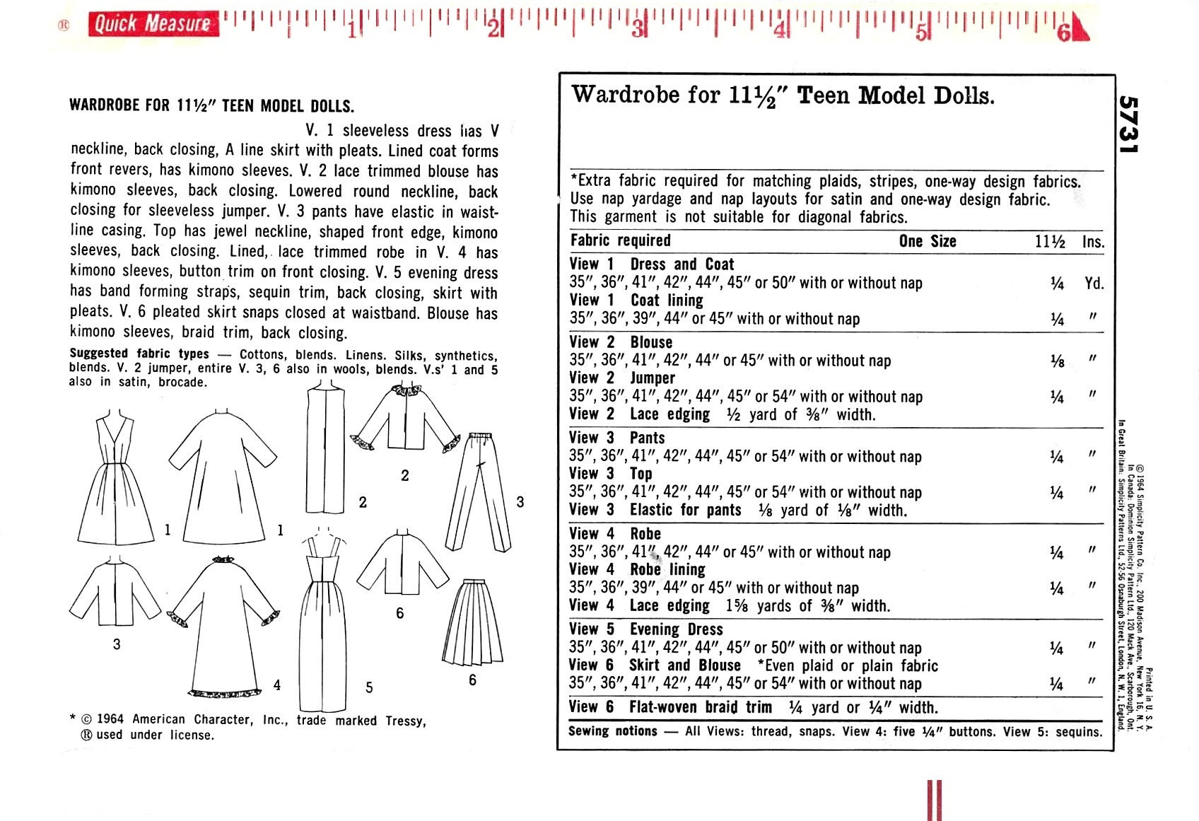 11-1/2" DOLL Clothing Fashion Simplicity 5731 Vintage 1964 Craft Sewing ...