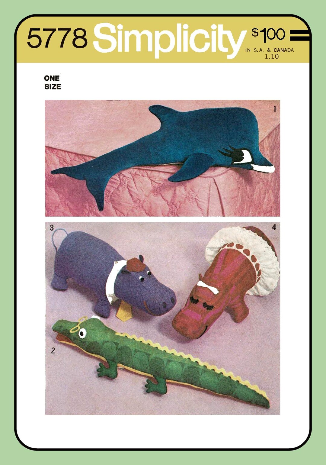Large Stuffed Animal Pattern DOLPHIN Alligator HIPPO Simplicity 5778 ...