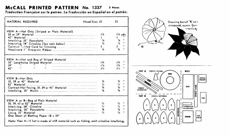 Floppy DERBY Hat Adjustable 2 Styles BAG Mccall 1337 VTG 1940's Sewing ...