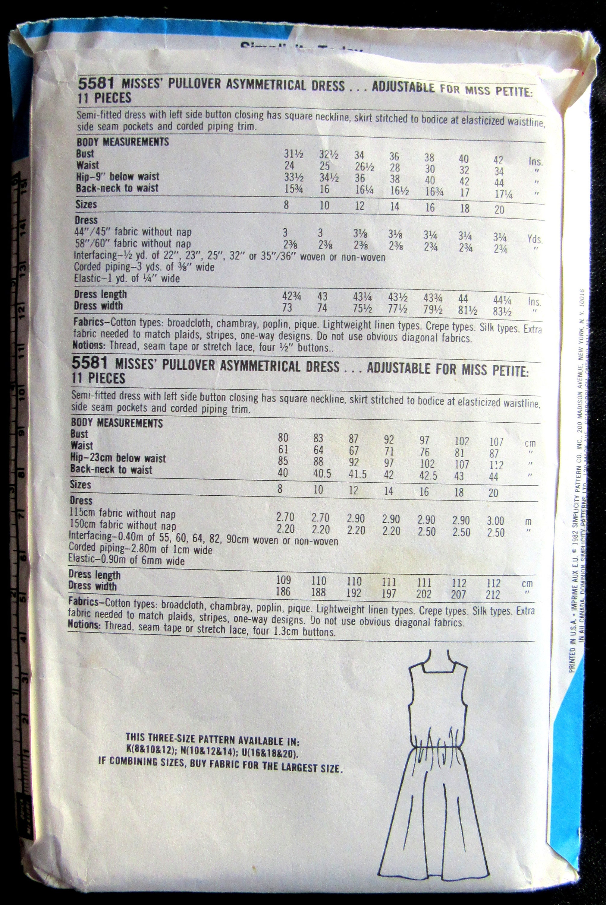 DRESS Pattern ASYMMETRICAL Pullover Simplicity 5581 Vintage 1982 Misses ...