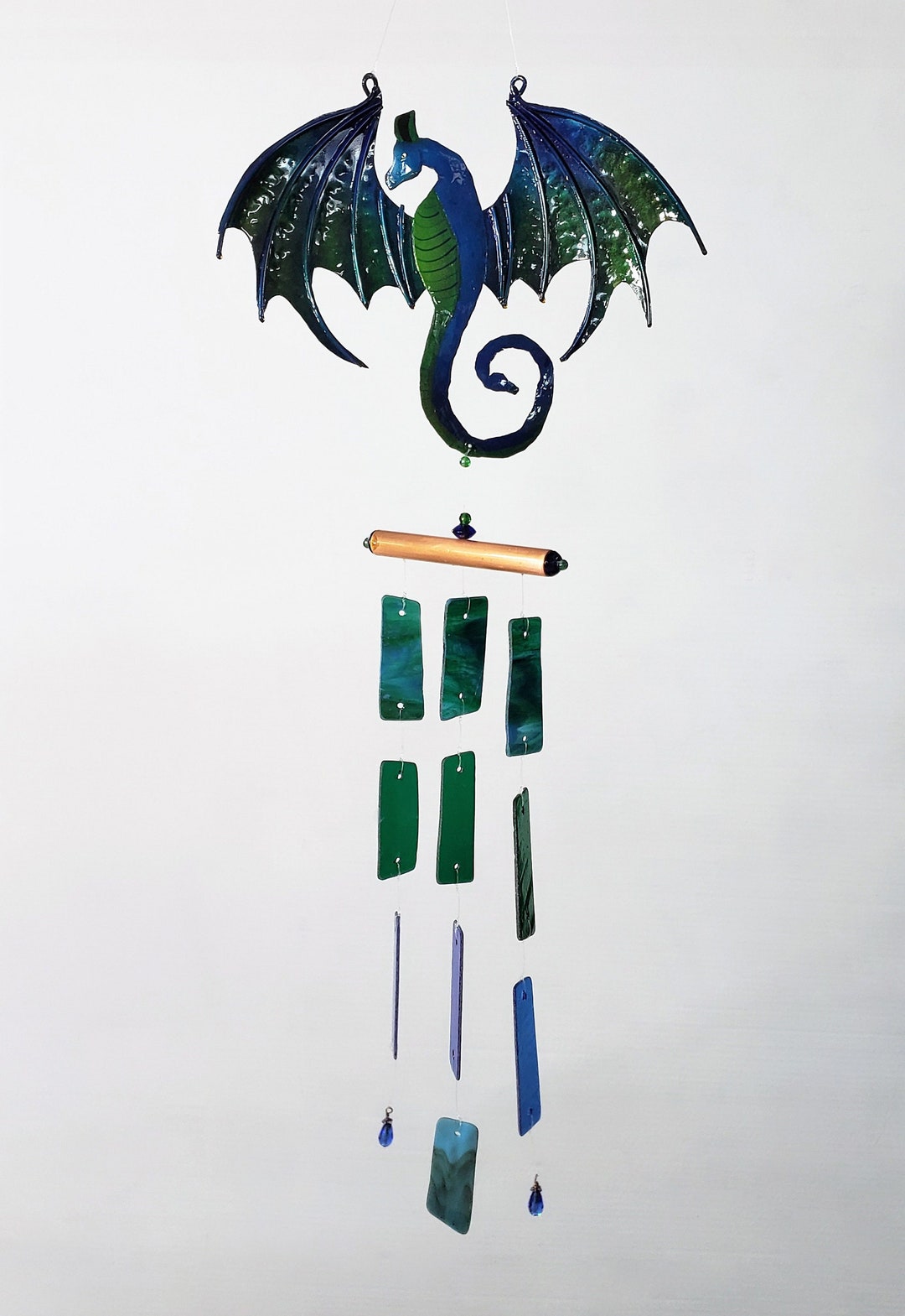 Blue Dragon Wind Chime, Suncatcher, Open Wings, Copper and Stain Glass ...