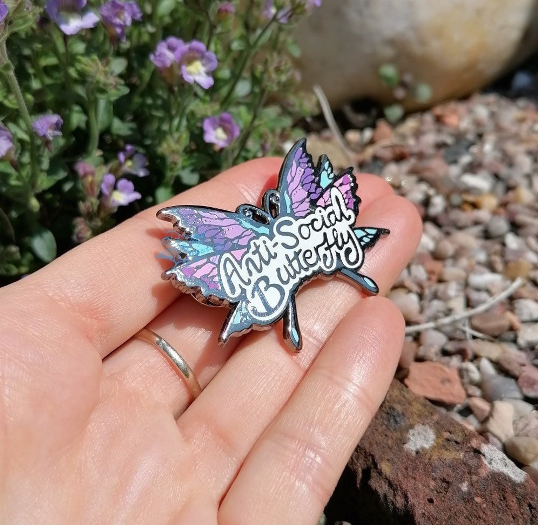 Kawaii Anti Social Butterfly Pin | Cute Quote Slogan Badge | Funny Meme ...