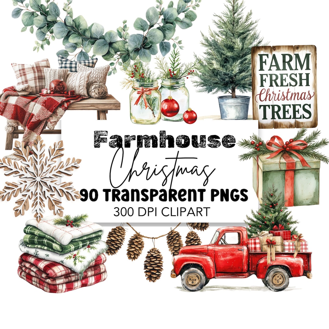 90 Farmhouse Christmas Clipart Pack, Commerical Use, Festive Holiday ...