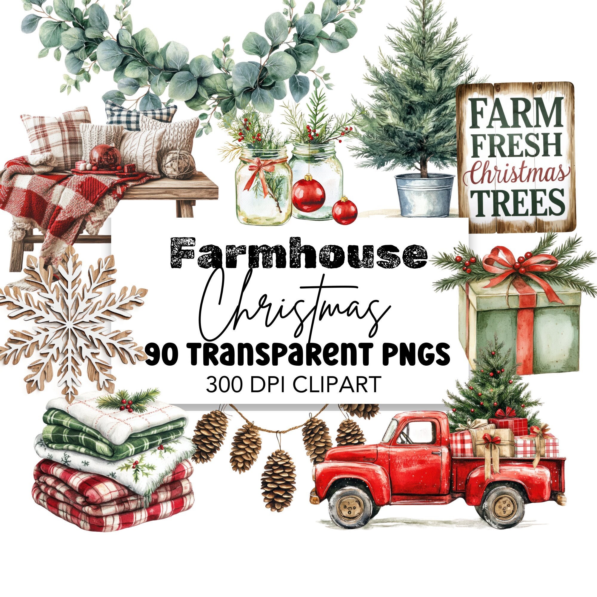 90 Farmhouse Christmas Clipart Pack, Commerical Use, Festive Holiday ...
