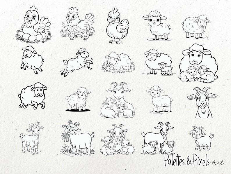 Farm Animal Clipart Pack, 150 Black and White Coloring Book Images - Etsy